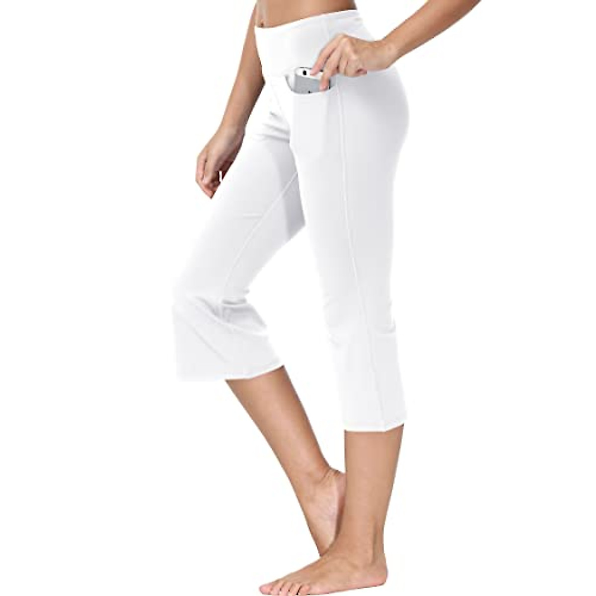Cakulo Women's Plus Size Capris Pants Yoga Flare High Waist Bootcut Stretch Jean Casual Palazzo Cream Bottoms Knee Flared Leggings with Pockets White XL