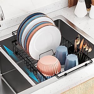 iSPECLE Sink Dish Drying Rack - 3 Sizes Adjustable Dish Rack(13.5'',15.3'',17'') - Over Sink Drying Rack, in Sink or on Counter Dish Drainer with Removable Cutlery Holder Large Capacity, Black