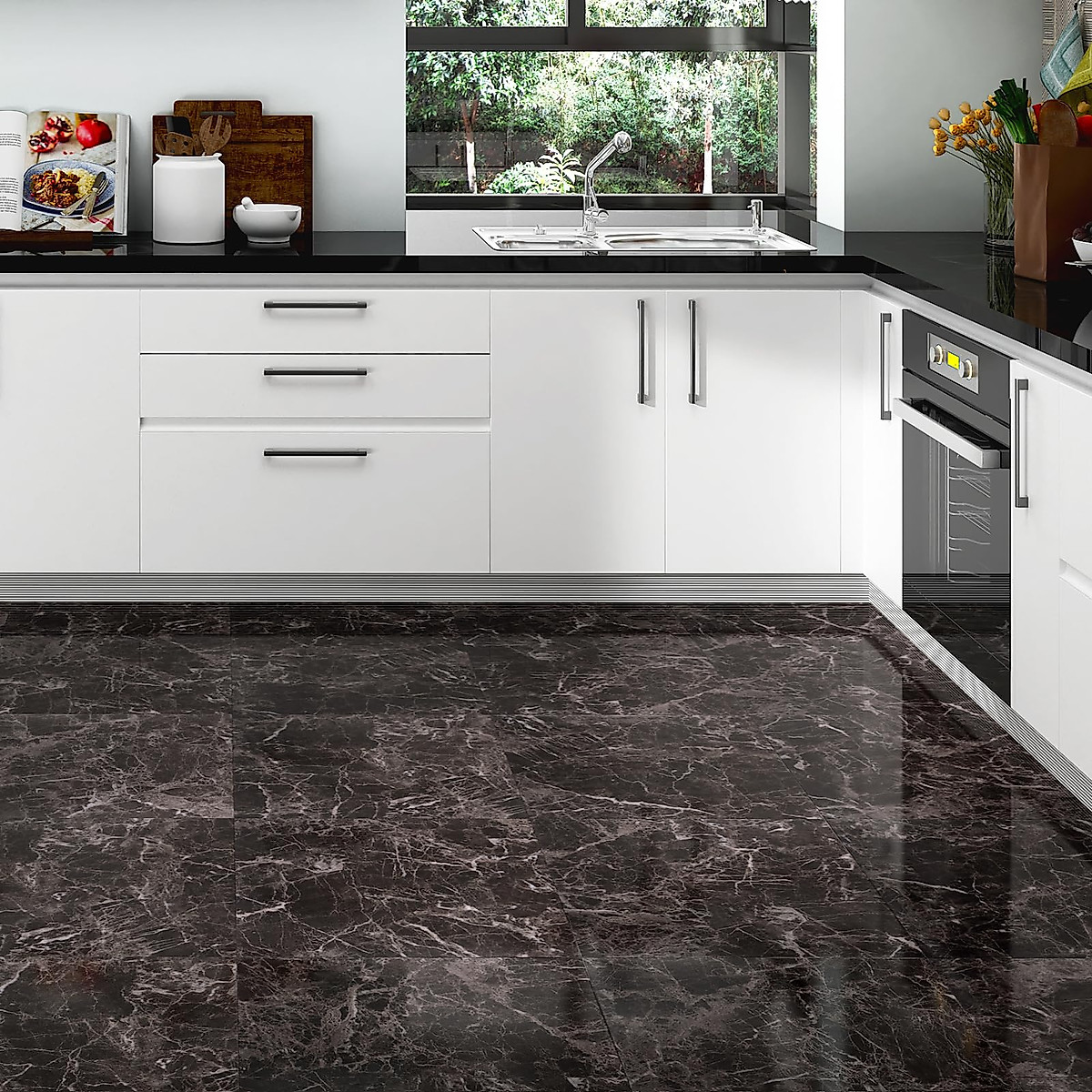 WESTICK Black Marble Peel and Stick Floor Tile Bathroom 12" x 12" Vinyl Stick on Floor Tiles Peel and Stick Waterproof Flooring Peel and Stick Tiles for Floor Washable Bedroom Vinyl Flooring 20 PCS