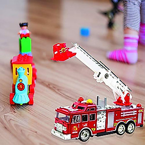 Toysery Remote Control Fire Truck Toy, Realistic Rc Trucks Toddler Toys, Siren Head Toy with Vivid Lights, Bump and Go Red Fire Trucks for Kids, Big Fire Truck with Extending Fire Ladder