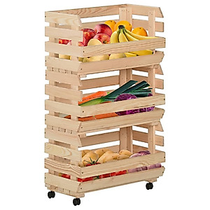 GOLINPEILO Wooden Vegetable Trolley, 3-Tier Wood Kitchen Rolling Cart, Wood Trolley Island Cart, Utility Cart Multi-Layer Storage Shelf Rack on Wheels, 14.6"x11.8"x31.5" Solid Wood Pine -295