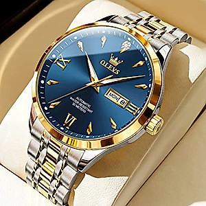 OLEVS Automatic Watches for Men Mechanical Self Winding Luxury Business Calendar Waterproof Luminous Stainless Steel Wrist Watch Gold Blue
