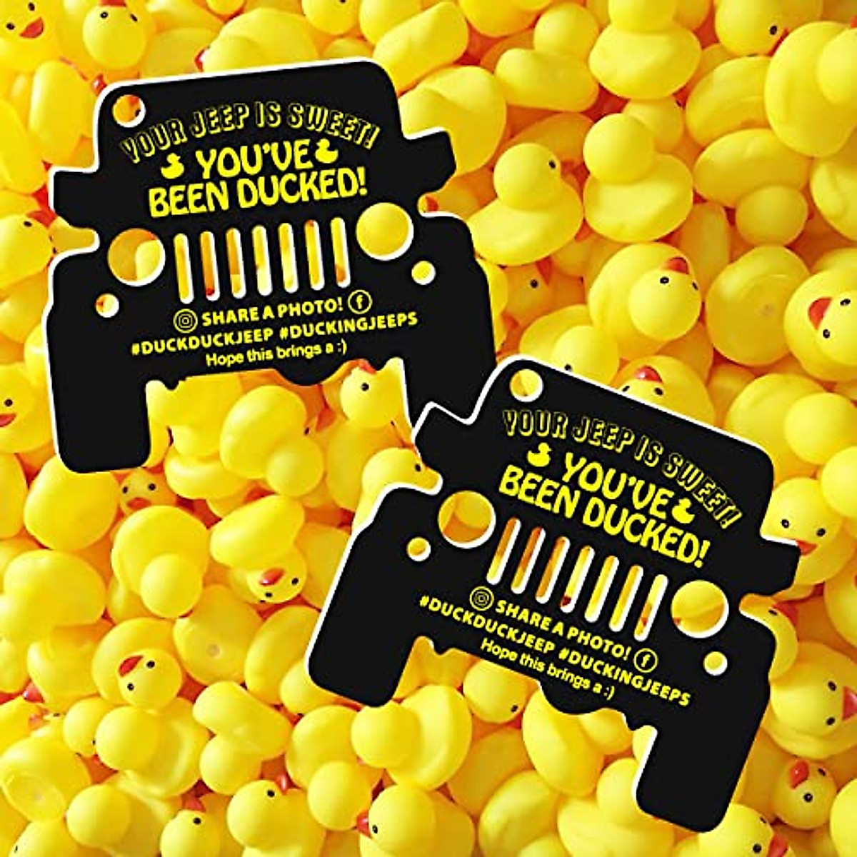 Fantasyon You've Been Ducked Card 50 Pack Duck Duck Tags Attach to Rubber Ducks Die Cut Black Jeep Car Design With Round Hole and Rubber Bands 3.5 x 2 Inch