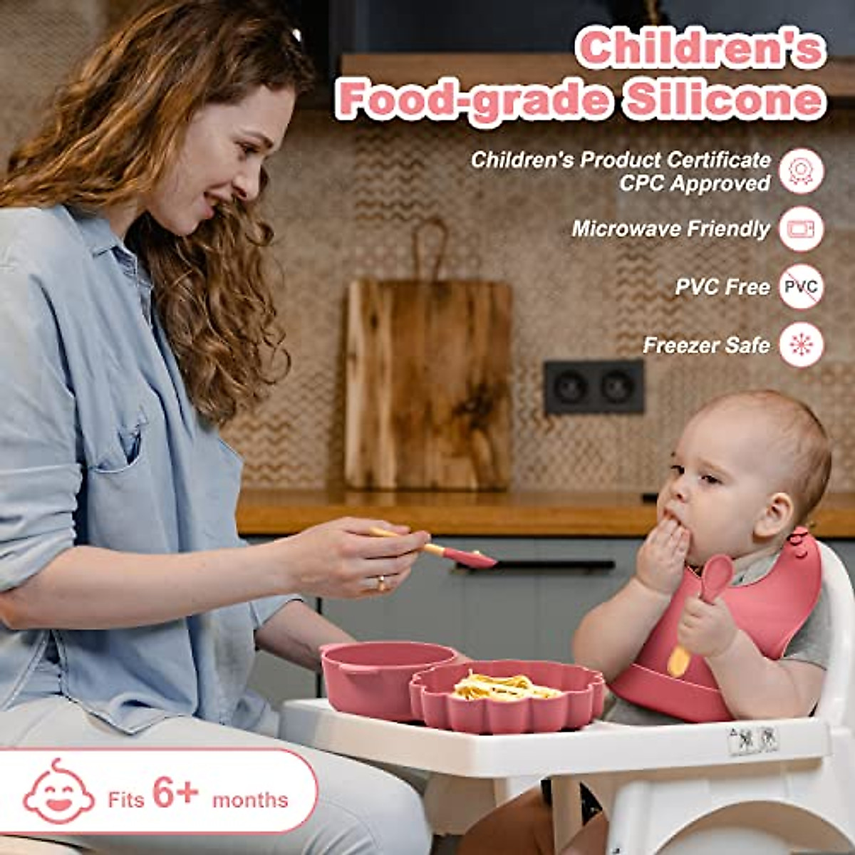 Kiddie Crave Baby Feeding Supplies Set of 11 – Ultra Soft Silicone Baby Utensils – Colorful Baby Led Weaning Supplies with Spoons, Bibs, Bowls – Comfortable and Safe Baby Plates (Pink)