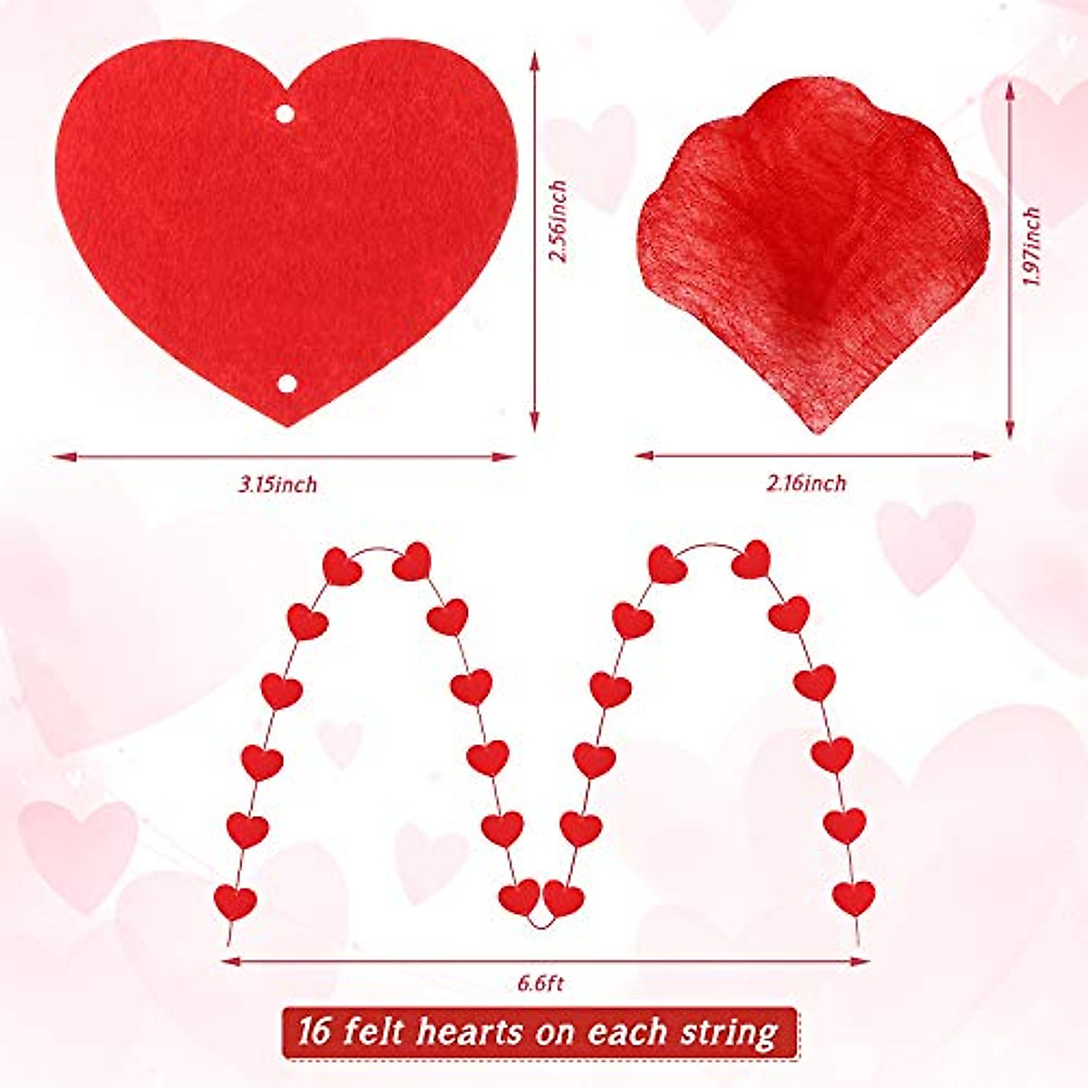 480 Pieces Valentine's Day Decorations Include 80 Red Hearts Felt Garland Felt Heart Hanging Banner and 400 Pieces Artificial Silk Rose Petals for Valentine's Day Wedding Birthday Party Decor