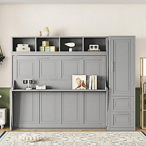 Queen Size Murphy Bed Wall with Closet and Drawers, Gray