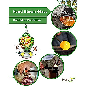 Hummingbird Feeder for Hanging Outside - Stunning Hand Paint Blown Glass - All Weather Guard and Ant and Bee Proof - New Modern Perky Sealer for No Leak Parts - Free Extra Accessories (Emerald Green)