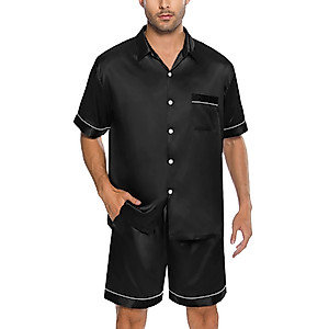 SWOMOG Men Silk Satin Pajamas Set Button Down Sleepwear Short Sleeve Pjs Set Soft 2 Piece Lounge Set Nightwear with Pockets Black Medium