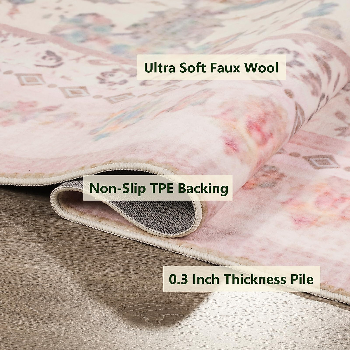 auruge Area Rug - Vintage 8x10 Non-Slip Backing Area Rugs Light Pink Soft Faux Wool Carpet Foldable & Machine Washable Rugs for Living Room Bedroom Dining Room Nursery Home Office