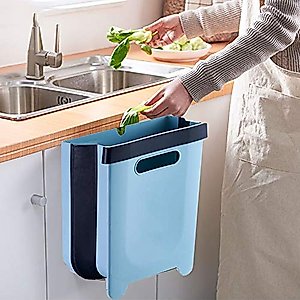 Hanging Kitchen Trash Can Collapsible Garbage Bin Small Compact Garbage Can Hanging Garbage Can for Kitchen Cabinet Door Foldable Plastic Car Bathroom Waste Basket - 2.4 Gallon (Blue)