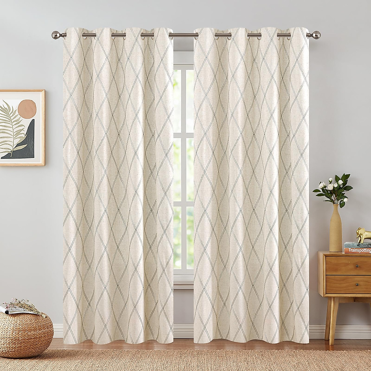 jinchan Linen Curtains for Living Room Grey Diamond Embroidered Curtains Geometric Patterned Window Drapes Flax Window Treatment Set for Bedroom Grommet Curtains 84 Inches Long 2 Panels