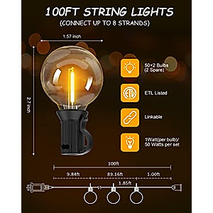 Svater Outdoor String Lights 100ft, Patio Lights Outside with 52 Shatterproof LED Edison G40 Bulbs, Waterproof Hanging Globe Lighting for Bistro Backyard Cafe Market, Warm White