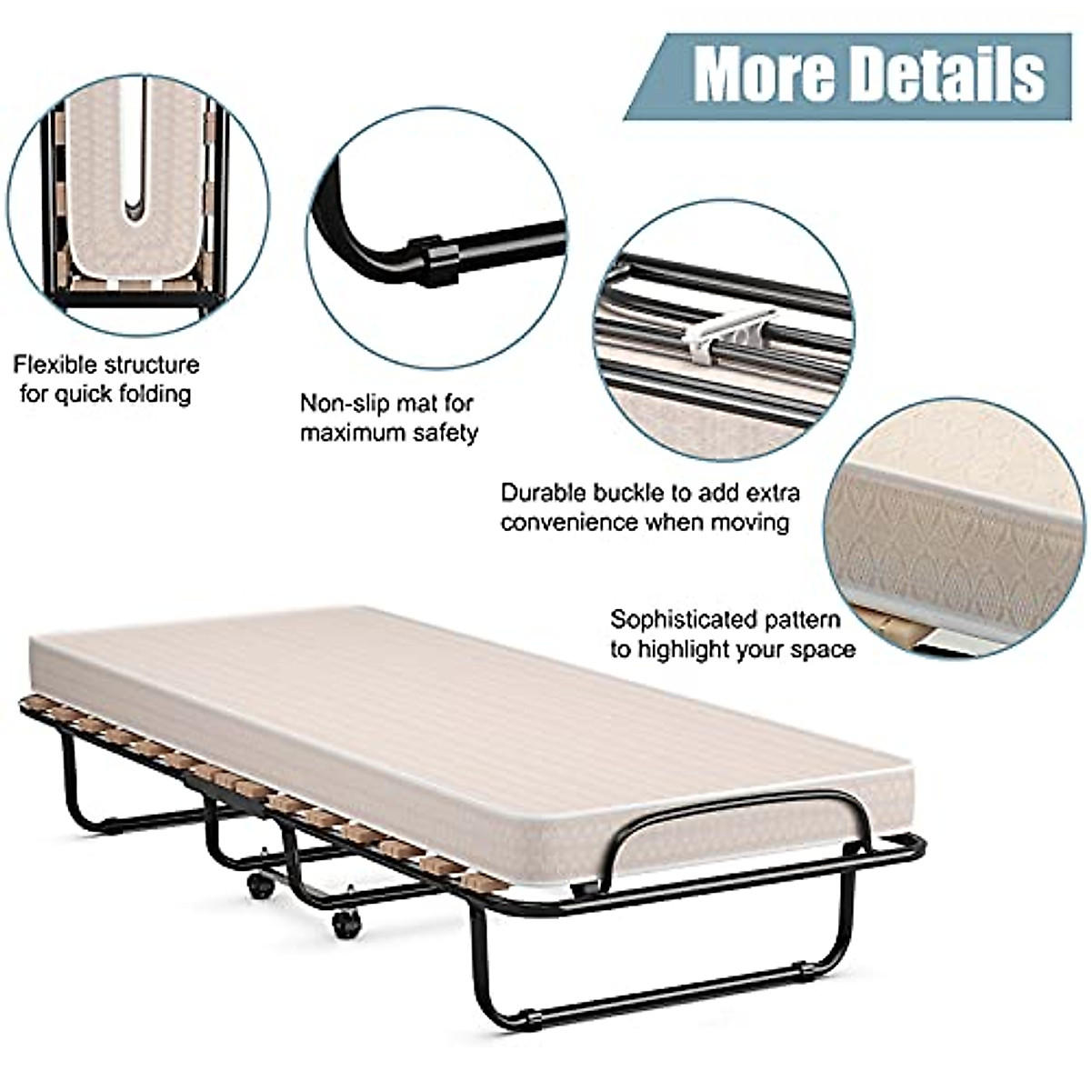 KOMFOTT Folding Rollaway Bed with Mattress, Foldable Bed with Memory Foam Mattress for Adults, Portable Fold Up Guest Bed with Sturdy Steel Frame on Wheels for Home & Office, Made in Italy (Beige)