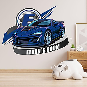 AdesiivoStudio Cars Room Decor for Boys - Race Flag Name Wall Decal - Personalized Wall Art for Boys, Baby, and Kids - Custom Name Wall Decal with Race Car Theme (Sports Car)