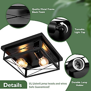 ONELEJA Black Rustic Flush Mount Ceiling Light Fixture, 2 lights Industrial Square Metal Cage Farmhouse Ceiling Light for Hallway Entryway Kitchen Bedroom Porch