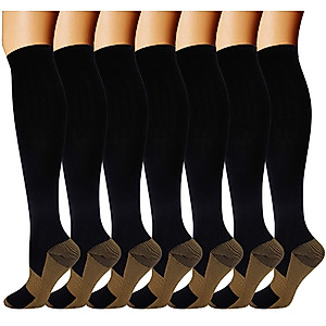 Double Couple 7 Pairs Copper Compression Socks for Men Women 20-30 mmHg Knee High Stockings