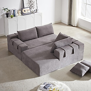 Yoglad Modern L-Shape Sectional Upholstery Sofa with Freedom Combination Living Room Sofa, Comfy Deep Seat Floor Furniture with 6 Pillows for Living Room, Office (Face The Right Chenille Grey Sofa)