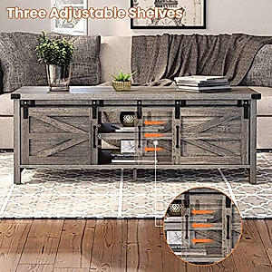 St.Mandyu Farmhouse Coffee Table with Hidden Compartment and Storage Cabinets Shelves, Wood Rectangular Tables with Sliding Barn Doors for Living Room Reception (Dark Grey)