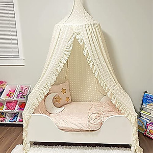 Kids Bed Canopy for Girls, Beige Crib Canopy Princess Hanging Children Canopy Tent, Toddler Girl Canopy Bed Netting for Baby Room Bedroom Reading Nook, Macrame Lace Boho Nursery Canopy with Pom Pom