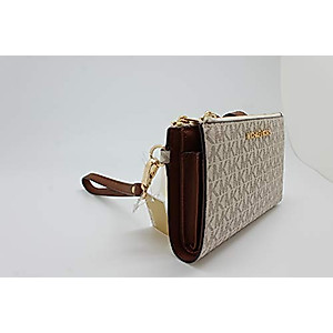 Michael Kors Jet Set Travel Double Zip Wristlet - Signature PVC (Vanilla PVC/Dark Acorn)
