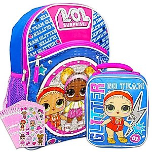 LOL Dolls Backpack and Lunch Box for Girls Bundle ~ Deluxe 16" L.O.L Backpack, Insulated Lunch Bag, and Over 300 LOL Stickers (LOL Dolls School Supplies)