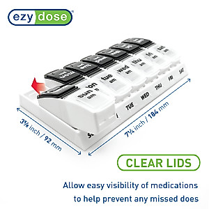 EZY DOSE Weekly (7-Day) AM/PM Pill Case, Medicine Planner, Vitamin Organizer, Large Pop-Out Compartments, 2 Times a Day, Black and Clear Lids