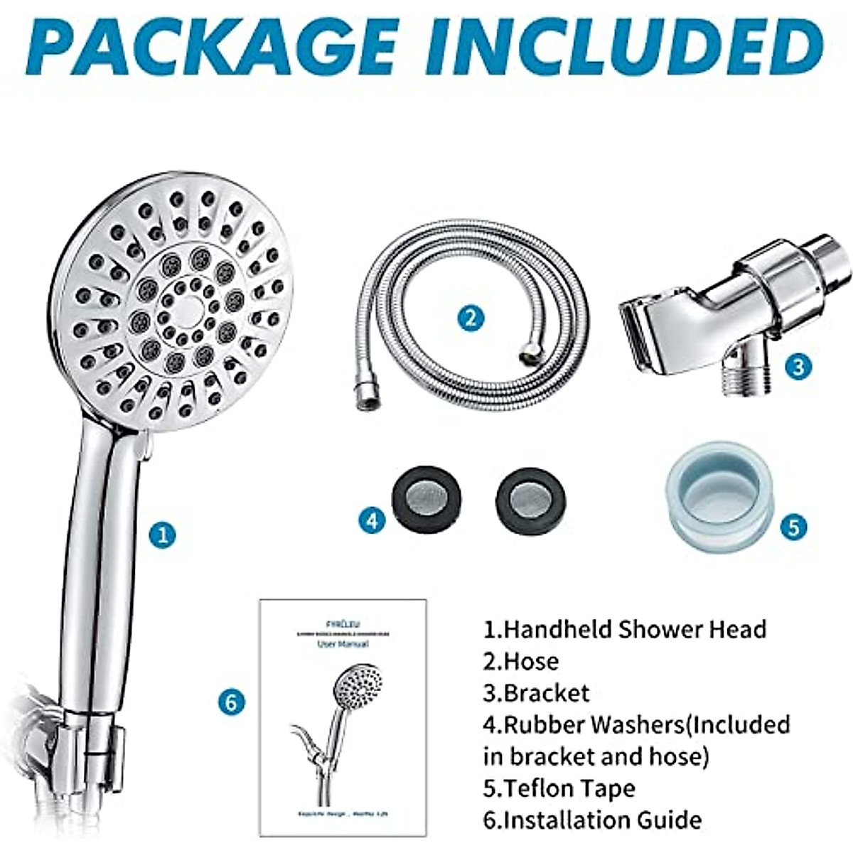 DOILIESE 6 Function Shower Head with Handheld, High Pressure Shower heads Set High Flow Hand Held Shower Head with Hose shower heads holder Rubber Washer Teflon Tape Chrome