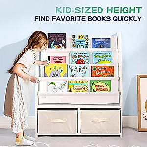 MallBest Childrens Bookshelf Kids Sling Book Rack with Two Storage Boxes and Toys Organizer Shelves Natural Solid Wood Baby Bookcase
