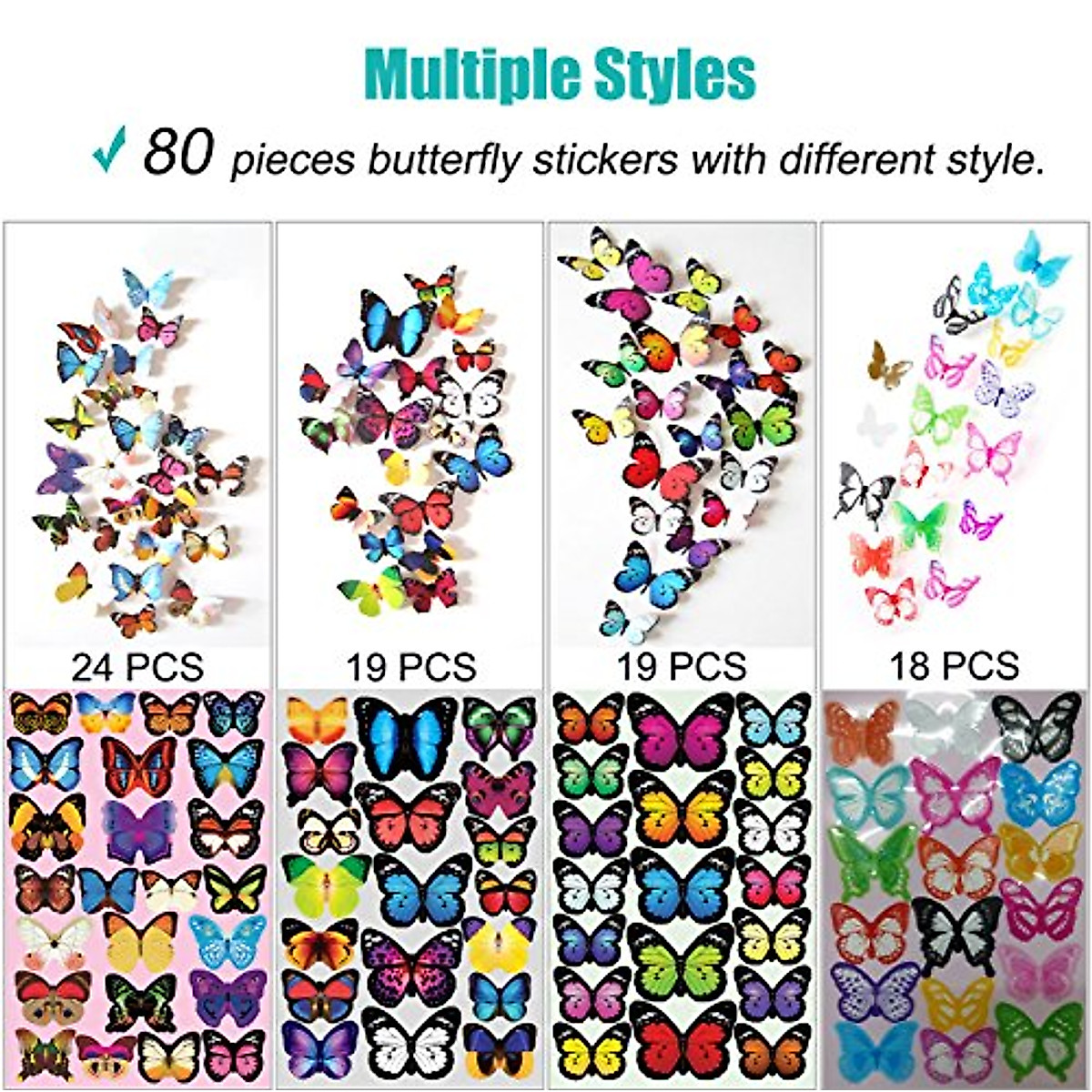 Heansun 80 PCS 3D Butterfly Wall Decor, 4 Styles Butterfly Wall Decals Removable Mural Stickers Butterfly Decorations for Home Room Bedroom Nursery Decor