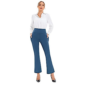 KOJOOIN Women's Dress Pants Straight Leg Flare Pant Lightweight High Waist Tummy Control Work Pants with Pockets Blue