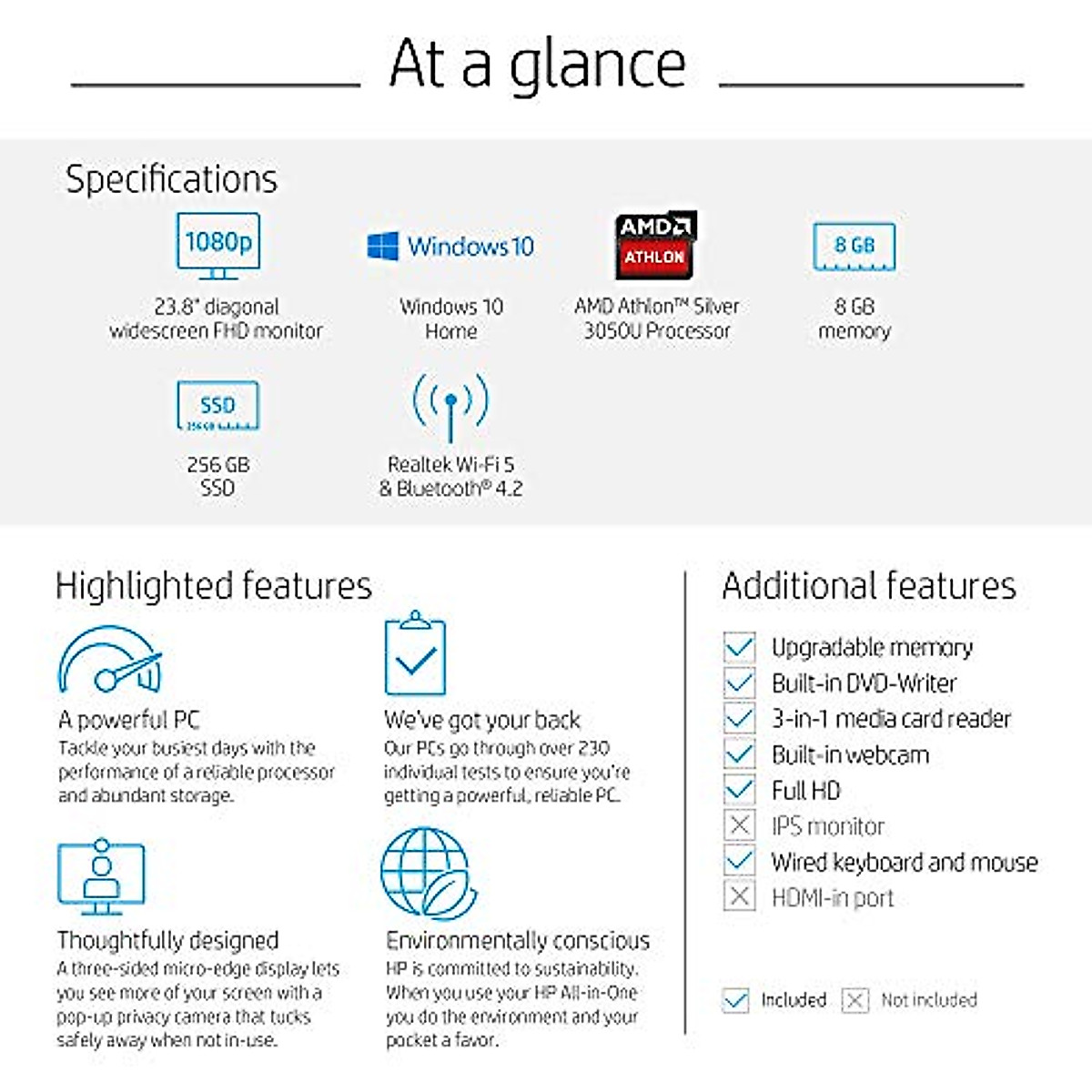 HP 24-inch All-in-One Desktop Computer, AMD Athlon Silver 3050U Processor, 8 GB RAM, 256 GB SSD, Windows 10 Home (24-dd0010, White)