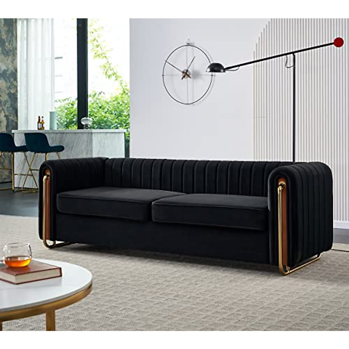 Melpomene Vertical Channel Tufted Velvet Sofa with Round Arm and Gold Metal Legs,Armrest 84.25" W（Black）