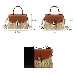 Meyaus Women Mini Lock Decoration Straw Woven Cross-body Shoulder Bag PU Leather Flap Top-handle Bag Handbag