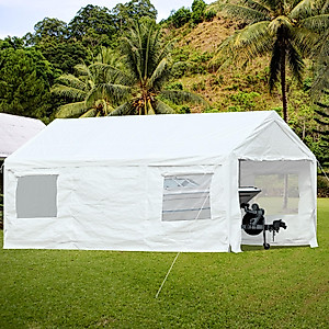 Aoodor 20 x 12 FT. Vehicle Carport Canopy Portable Garage Party Canopy Tent Boat Shelter, Heavy Duty Metal Frame with Removable Rool-up Sidewalls and Doors, White