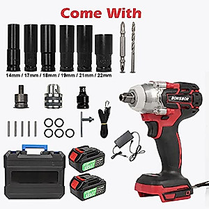 BONSBOR Cordless Impact Wrench Kit 1/2" 520Nm, Brushless Impact Driver Electric Drill with 2 Rechargeable Li-ion Batteries, Socket Set 14mm 17mm 18mm 19mm 21mm 22mm