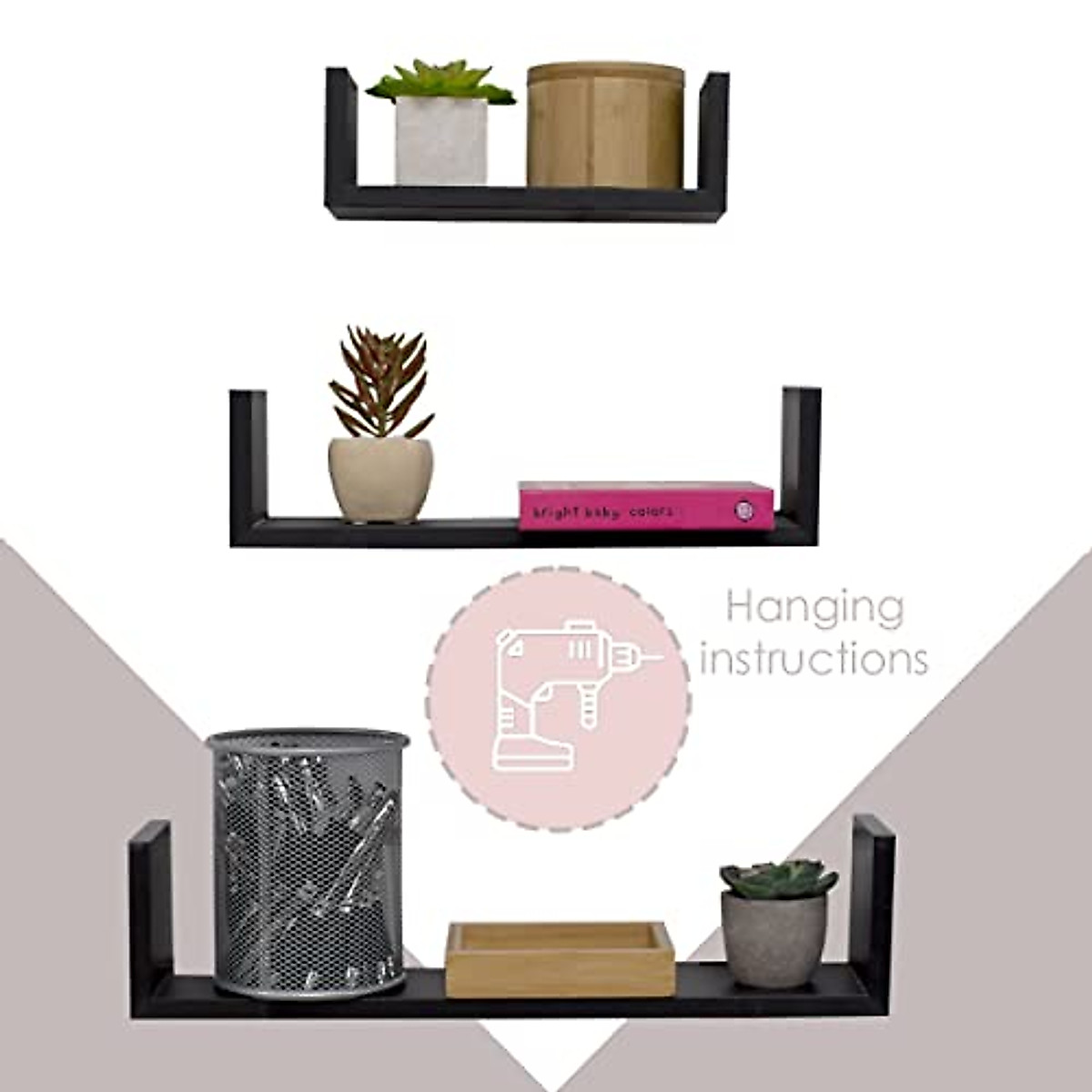 Home Basics Highly Durable Wall Mount Floating Wood Shelf Set of 3 for Livingroom, Bedroom, Bathroom, Kitchen, Trendy Modern Home Décor Organization (BLACK)