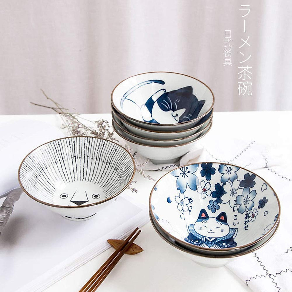 SCAU 7 Inch Cartoon Lucky Cat Ceramic Ramen Bowl Soup Salad Rice Porcelain cute Lucky Cat Cereal Bowl Japanese Style Set 2 gift blue Round shape (Cat-No2)