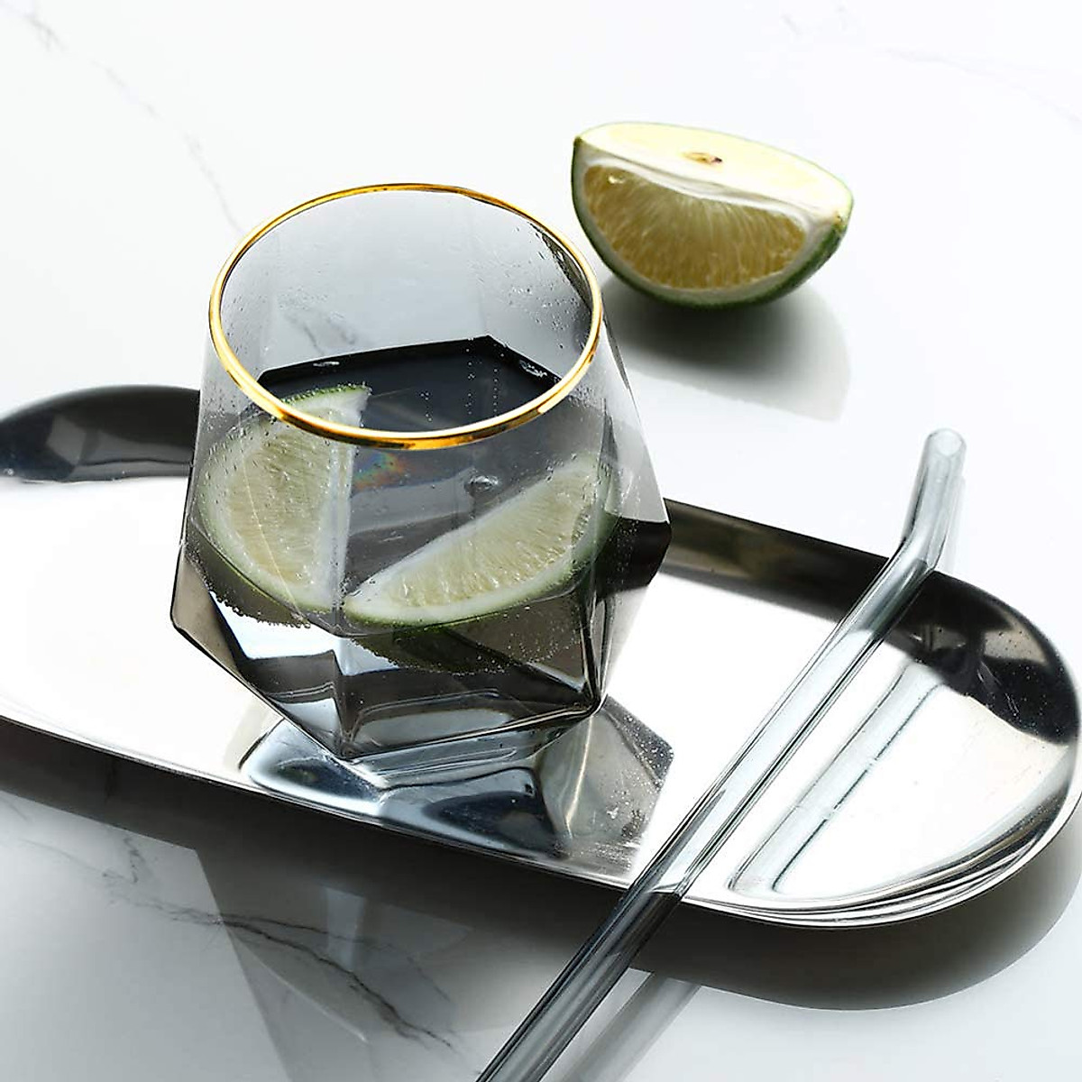 Diamond Whiskey Glasses, 4 PCS Rocks Glasses Gold Banded Cocktail Drinkware for Rum, Scotch or Wine Glasses, Tumblers Old Fashion Elegant Glass Unique Christmas New year Father's Day Gifts (Gray)