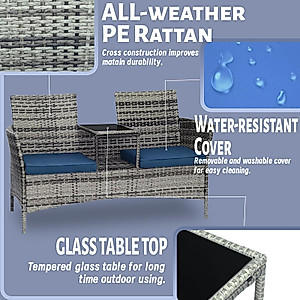 PatLoom Outdoor Patio Loveseat Set with Coffee & Cushions, 2-Seat Wicker for Rattan, Garden, Lawn Weather Resistant