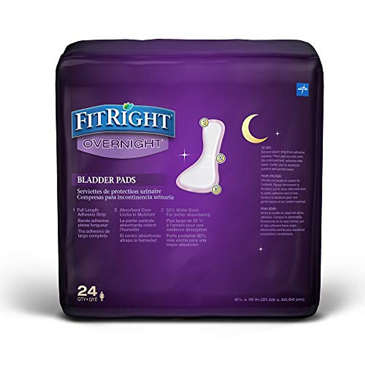 Medline FitRight Overnight Bladder Control Pads, Maximum Absorbency, Nighttime Incontinence Protection, 8.5 x 16, 24 Count per Bag (1 Bag)