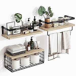 Fixwal 3+1 Tier Wall Mounted Floating Shelves with Metal Frame, Rustic Wood Bathroom Shelves Over Toilet with Wire Storage Basket and Towel Bar for Bathroom, Kitchen, Bedroom (Rustic Brown)- New