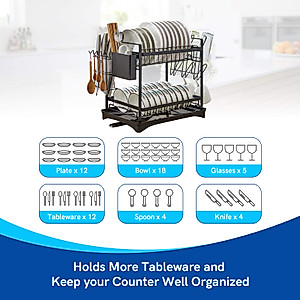 Flaovoth 2 Tier Dish Drying Rack, Dish Drainers for Kitchen Counter Dish Rack with Drying Drainboard, Adjustable Swivel Spout, Cutlery Caddy, Cup Hanging Holder, Spoon Rack and Knife Holder, Black