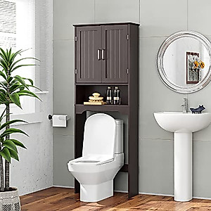 HOMEFORT Wood Over The Toilet Storage Cabinet, Freestanding Bathroom Spacesaver, Above Toilet Bathroom Shelf Organizer with Double Wood Doors and Adjustable Shelf,Espresso