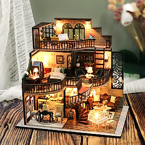 Fsolis Mini House Kit, DIY Miniature Dollhouse Kit 3D Wooden Puzzle Model Building Project Tiny Modern House 2 Stories Hobbies for Men Women Teens Adult