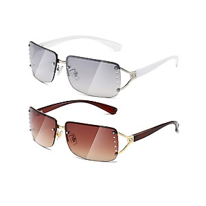 MASDUN Stylish Rimless Frameless Rectangle Sunglasses for Womens Surrounded designer trendy men (White Frame White Silver Lens/Brown Frame Brown Lens)