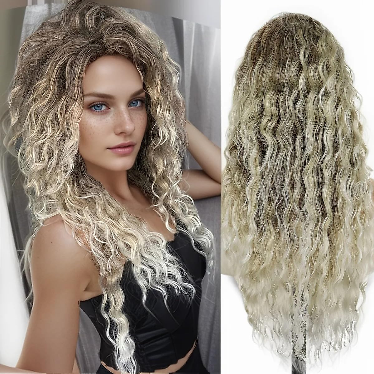GNIMEGIL Long Curly Blonde Wigs for White Women Ash Blonde Ombre Wig Natural Fluffy Hair Thick Hairline Synthetic Wigs 26inches Long Wig Wavy