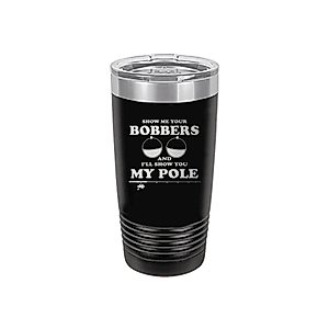 Rogue River Tactical Large Funny Fishing 20 Ounce Travel Tumbler Mug Cup w/Lid Bobbers and Pole Joke Fishing Gift Fish Black