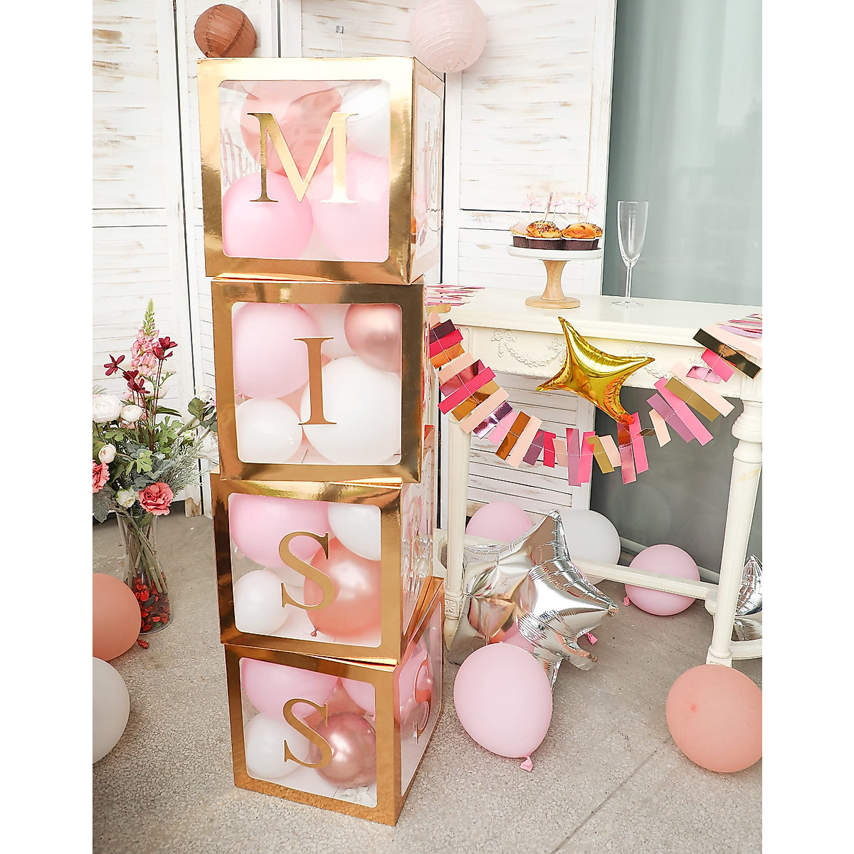 Fonder Mols 4pcs Rose Gold Transparent Balloon Boxes with MISS TO MRS Letters for Wedding Bridal Shower Engagement Cake Smash Backdrop(No Balloons)