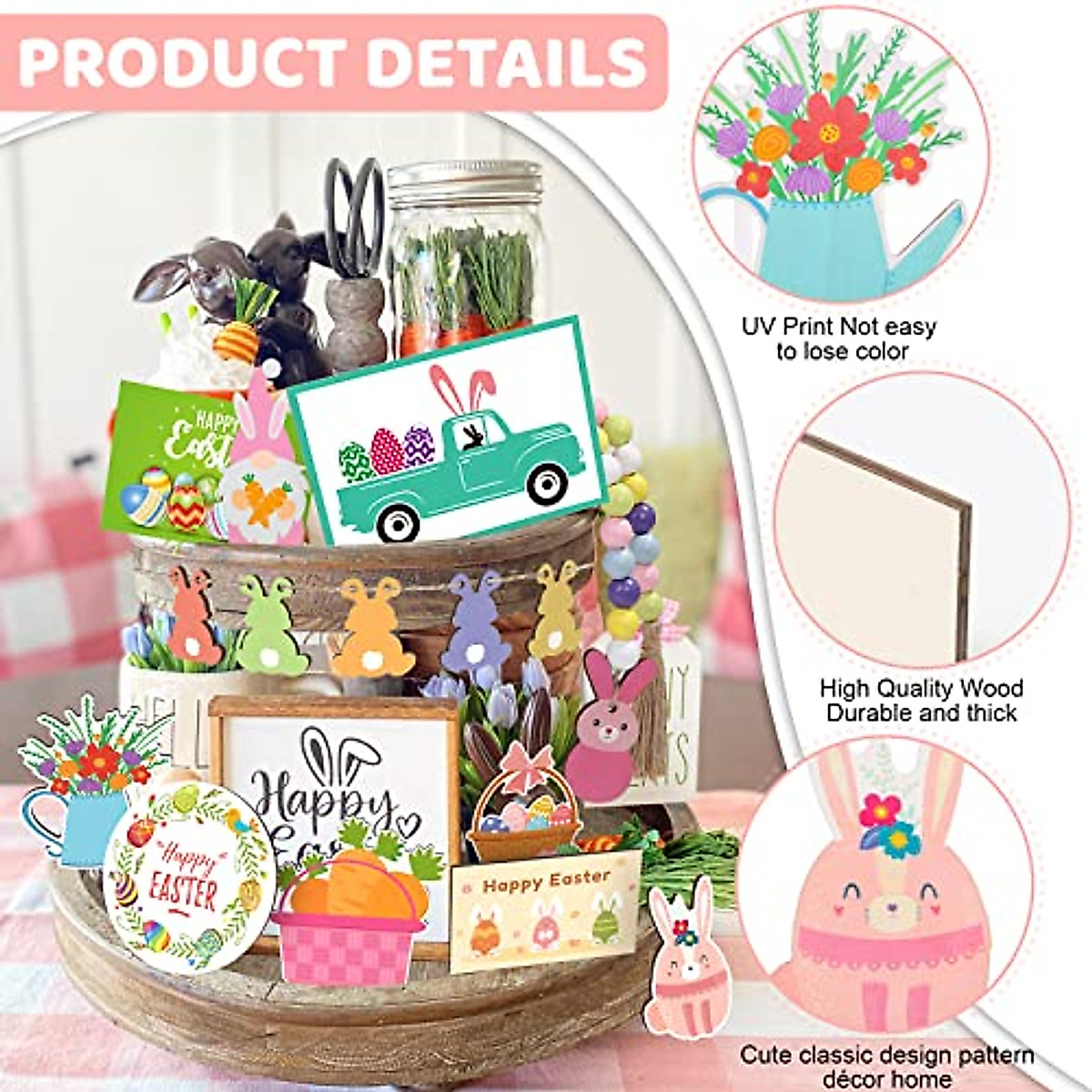 15Pcs Easter Tiered Tray Decor, Lucomb Easter Decorations Happy Easter Wood Signs Truck Full of Eggs, Farmhouse Signs Carrot Egg Bunny Decor for Easter Day Home Farmhouse Rustic Spring Decorations