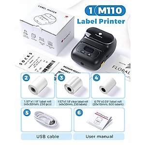 Phomemo M110 Label Printer - Bluetooth No Ink Printer, Mini Portable Barcode Label Printer for Retail, Address, Barcode, Home, for PC/Mac, iOS/Android, with 3pack Most Used Labels, Ebony Black